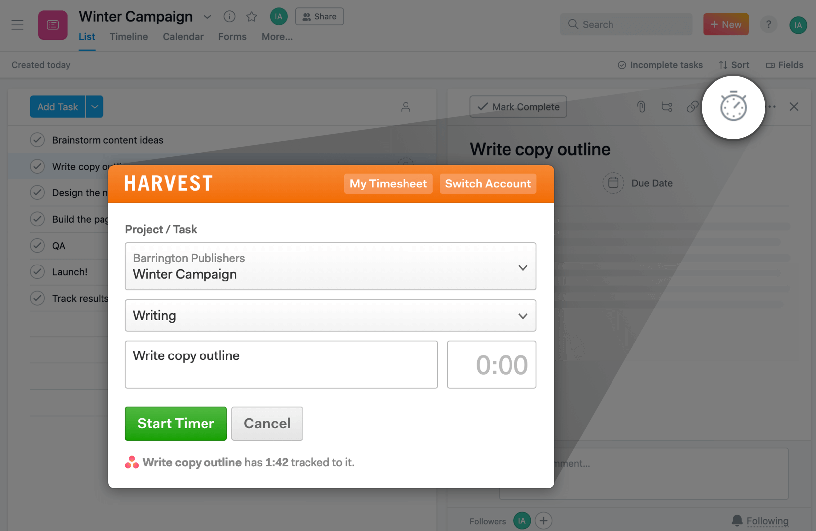 Asana Time Tracking Integration - Harvest